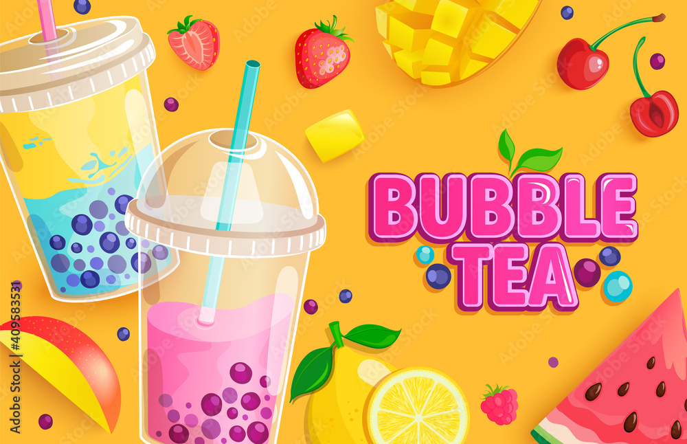 Bubble tea banner. Bubbletea with fruits and berries.Milkshake smoothie ...
