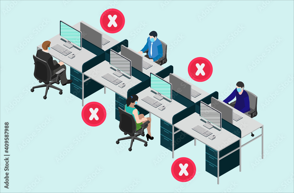 Wearing Mask at Office. Social distancing at office workstation ...