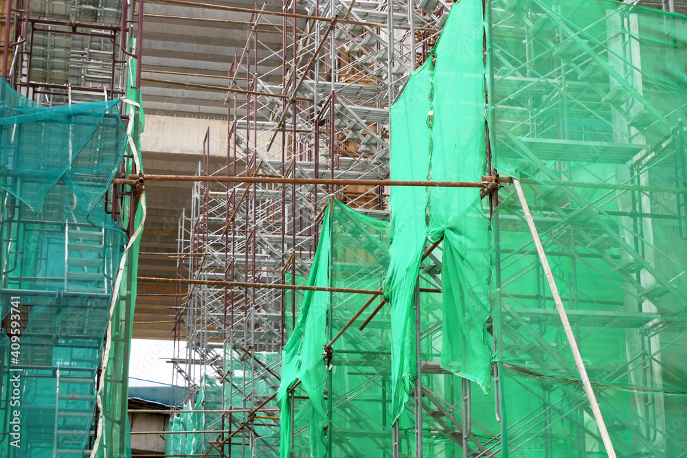 SHAH ALAM, MALAYSIA -AUGUST 8, 2020: Temporary staircase and falsework ...