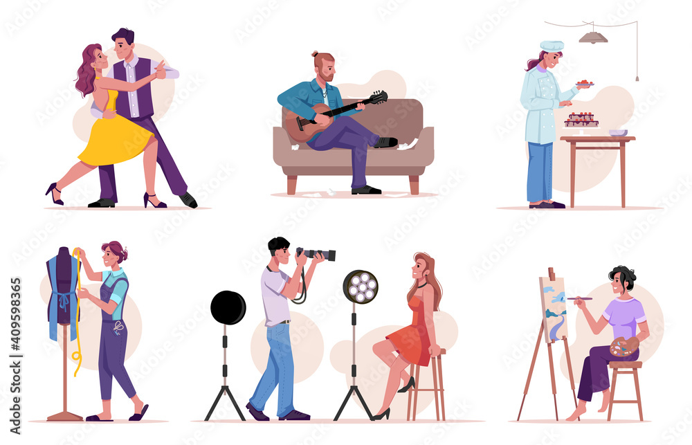 Creative people set isolated flat cartoon man and woman dancing ...