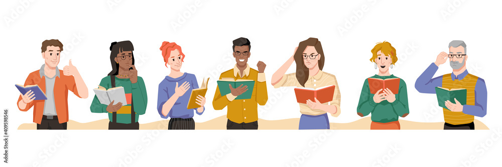 Vecteur Stock People reading books different emotions of surprise and ...