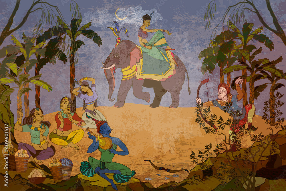 Hinduism. Vishnu and Shiva. Dancing goddesses in the jungle. Gods of ...