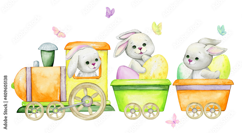 Rabbits, riding on a train, with Easter eggs, surrounded by butterflies ...