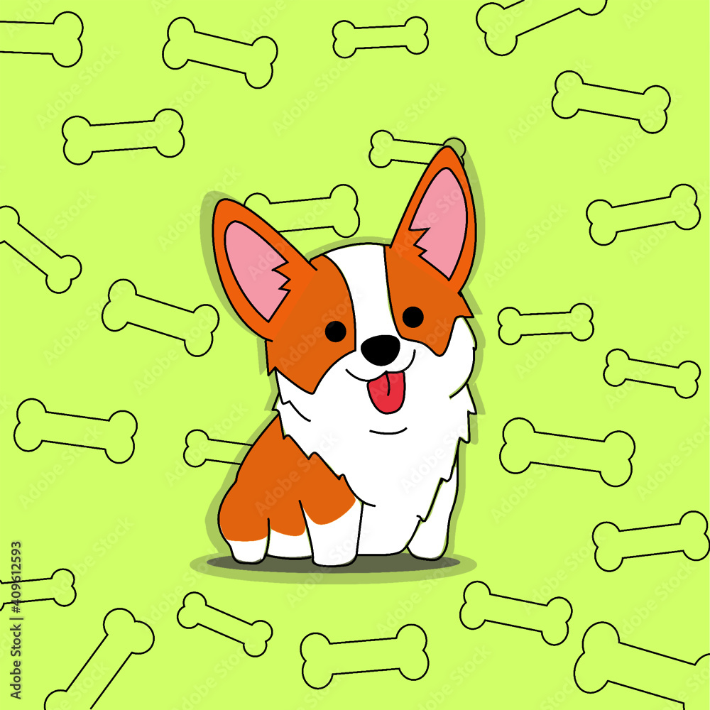 Cute Welsh corgi dog smiling. surrounded by bones. Vector flat ...