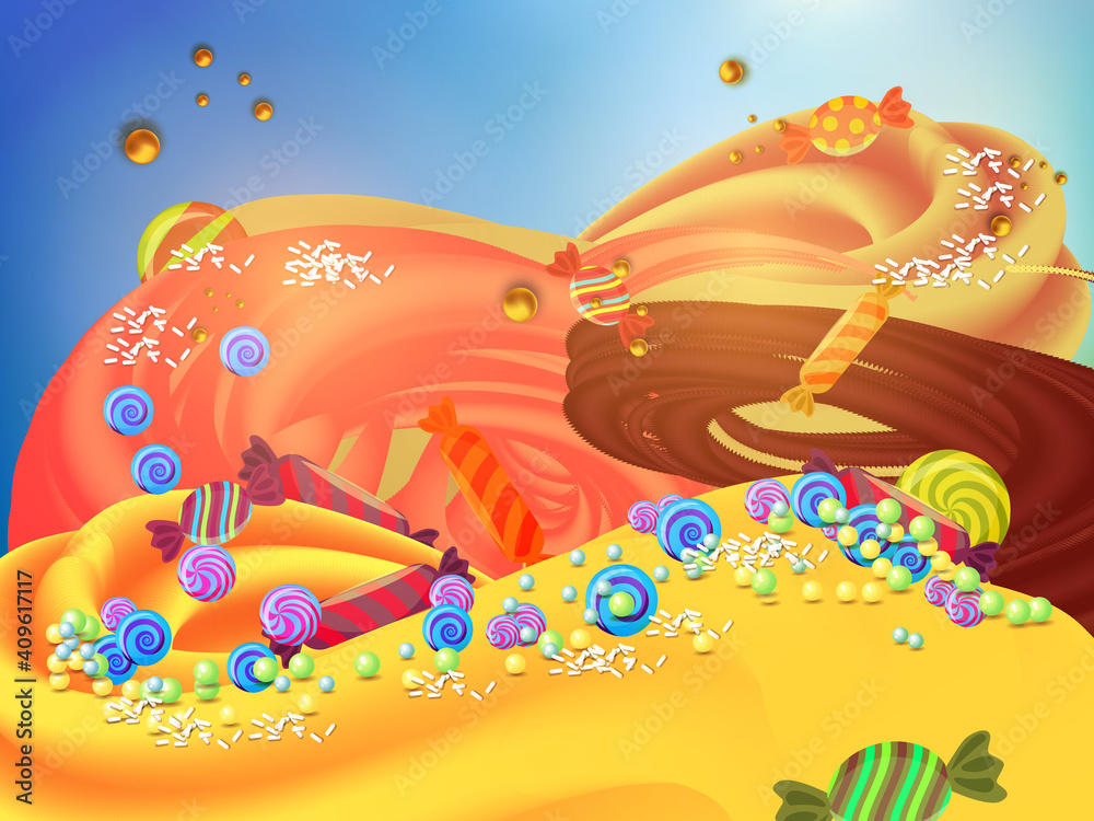 Cartoon fantasy candy land location. Sweet world background with ...
