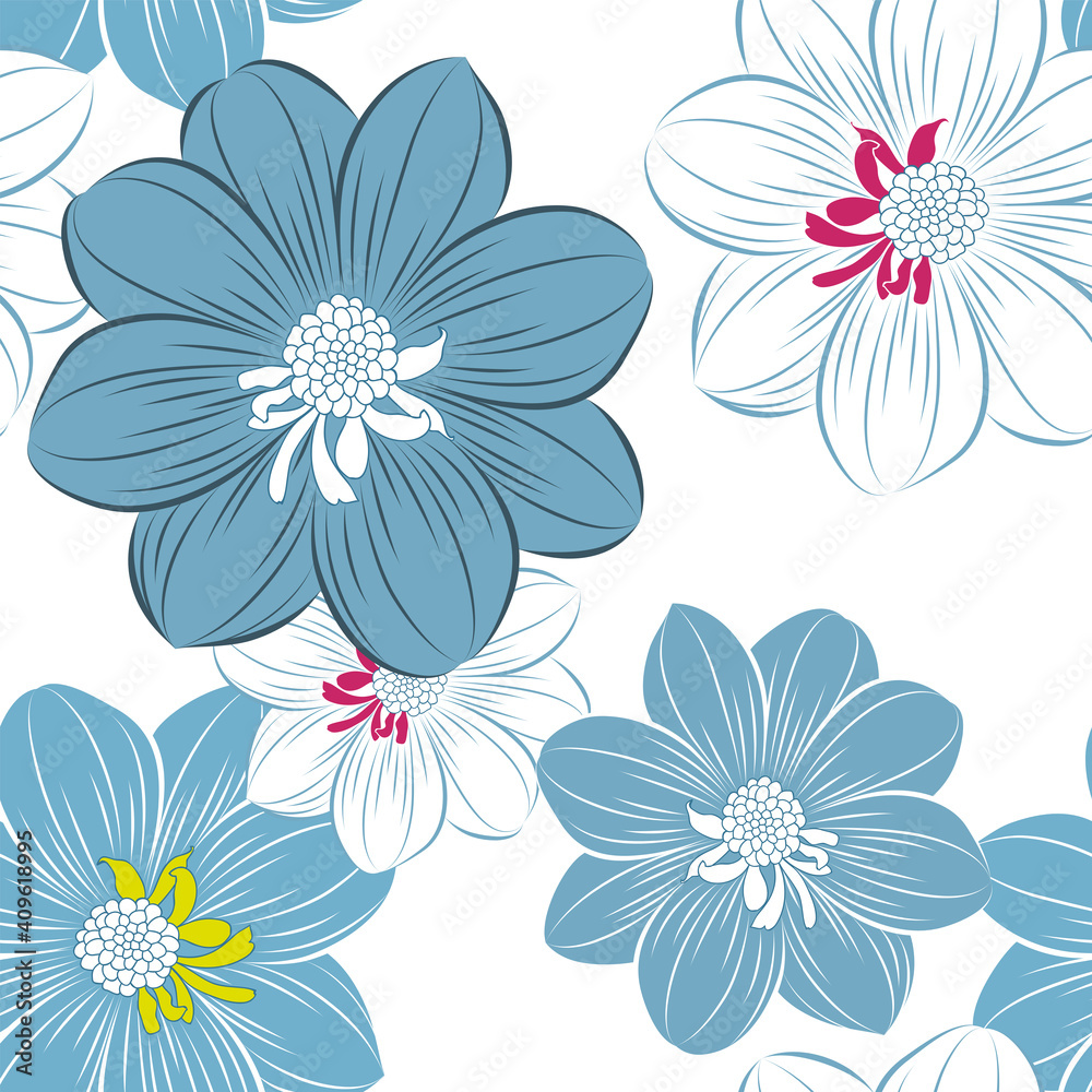 Seamless blue abstract hand-drawing floral background with flower ...
