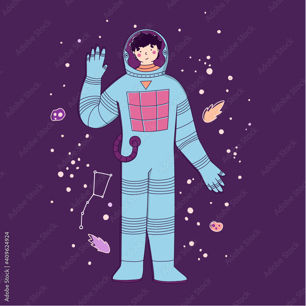 Flat cartoon character spaceman. Astronaut greeting. Flat cartoon ...
