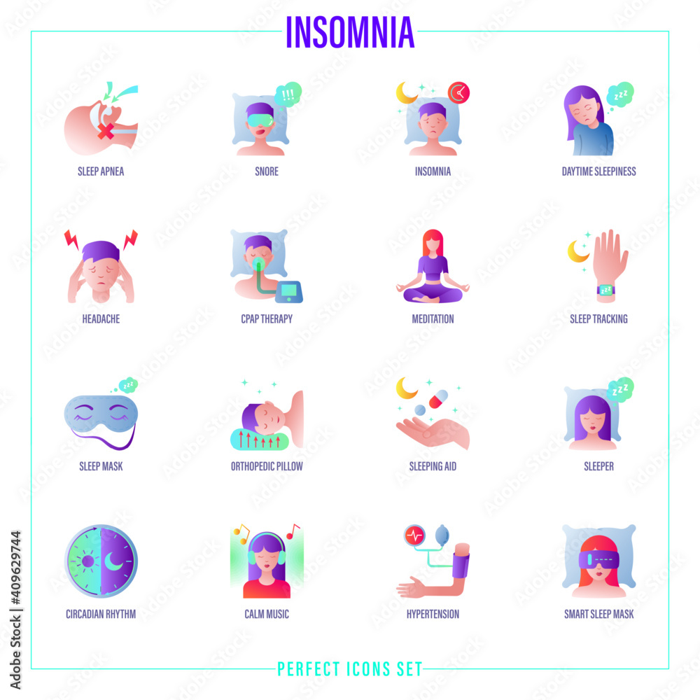 Insomnia set. Methods of prevention: sleep apnea, CPAP therapy ...