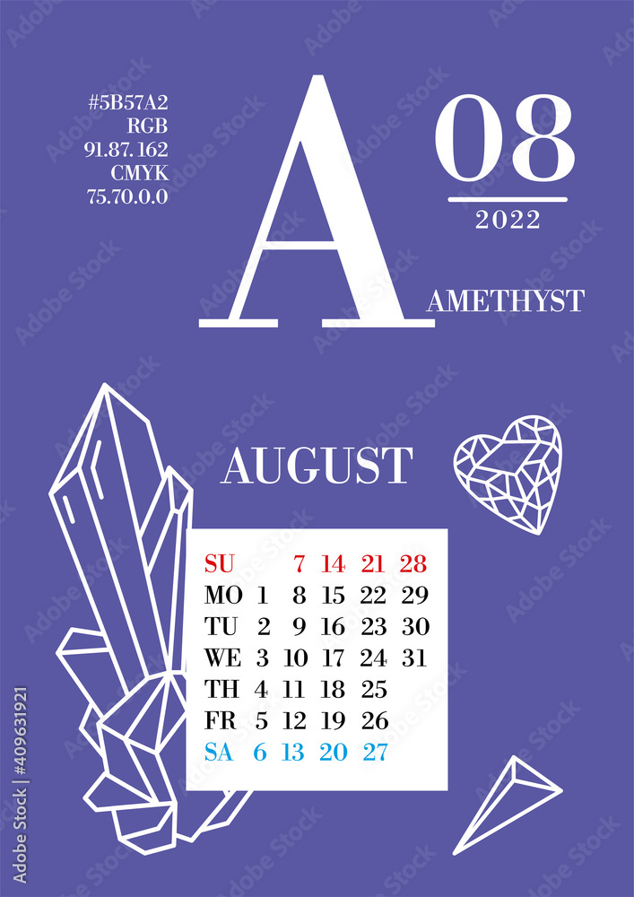 Calendar for August 2022. The background color is "Amethyst", the ...