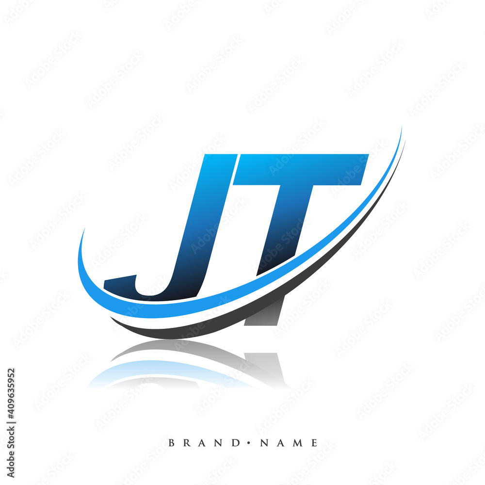 JT initial logo company name colored blue and black swoosh design ...