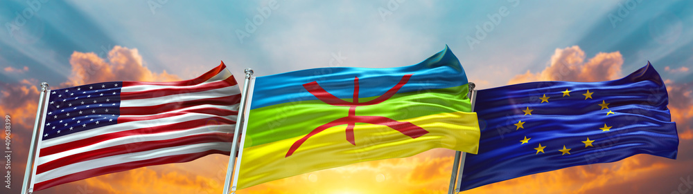 United States of America Flag and European Union flag and Amazigh ...