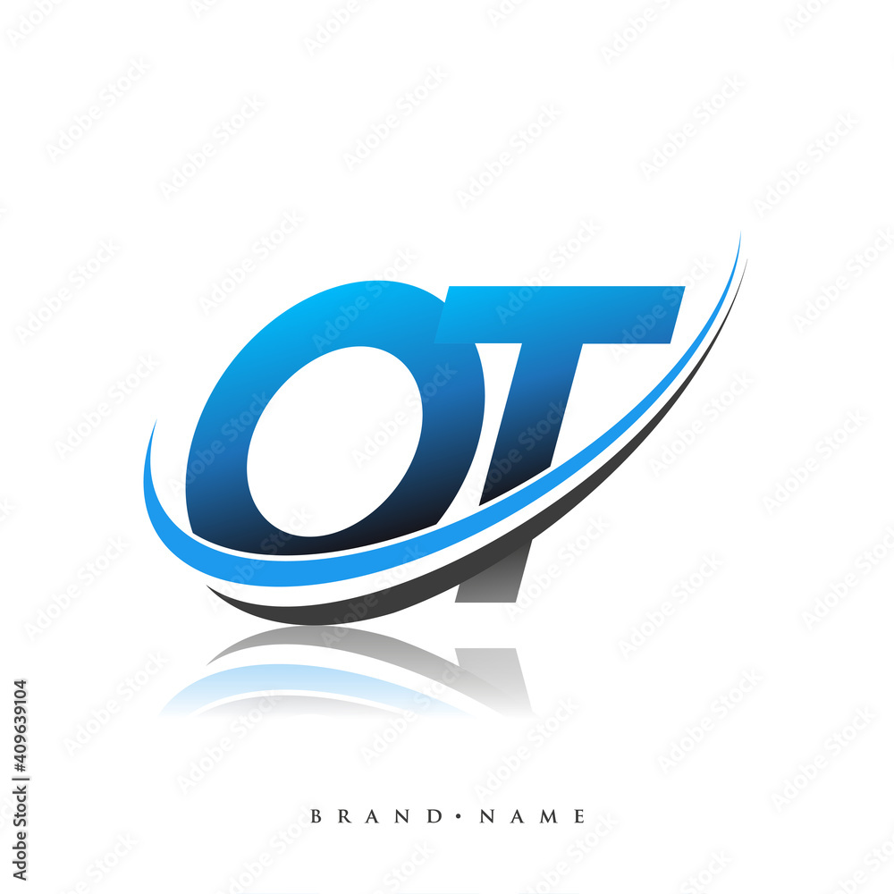 OT initial logo company name colored blue and black swoosh design ...