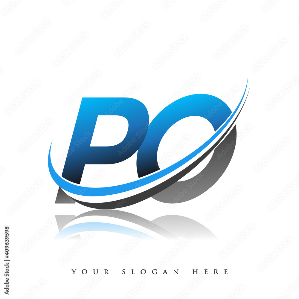 PO initial logo company name colored blue and black swoosh design ...