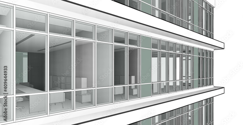 Partial 3d illustration of a modern office building's elevation. Close ...