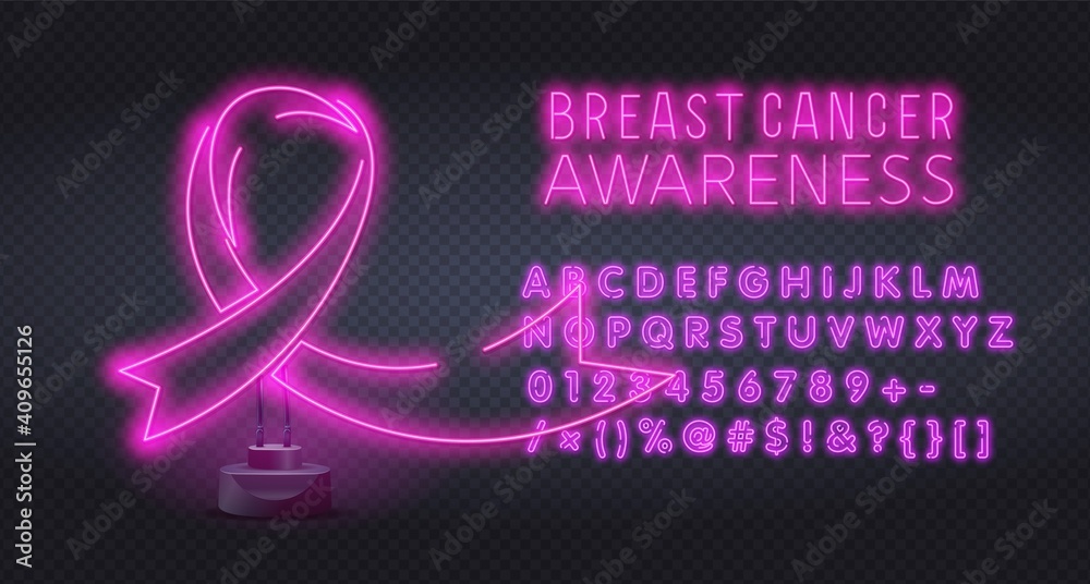 Breast Cancer Awareness Month Emblem. Glowing neon sign of breast ...