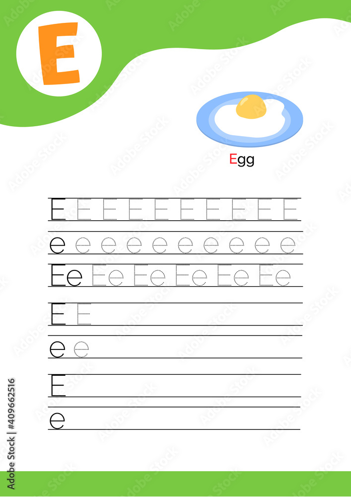 Letter E with a picture of Egg and seven lines of letter E writing ...