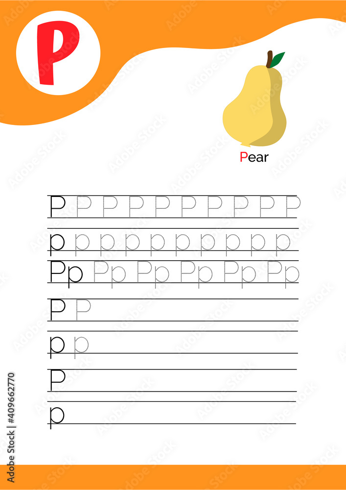 Letter P with a picture of pear and seven lines of letter P writing ...