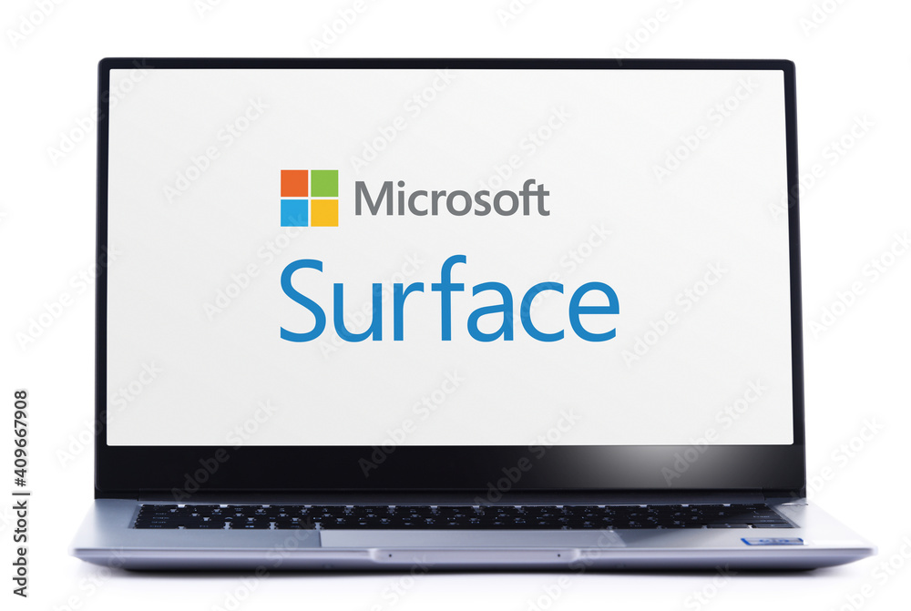 Laptop computer displaying logo of Microsoft Surface Stock Photo ...