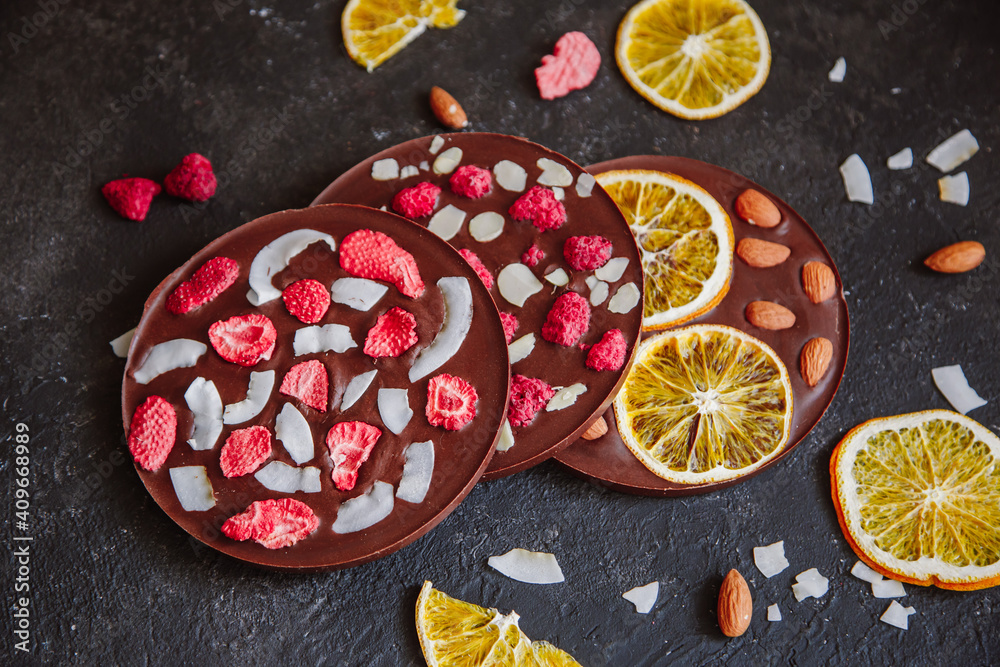 Diet dark chocolate without sugar based on cocoa and stevia with the ...