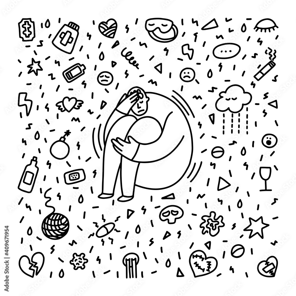 Depression doodle. Man is hugging his legs. Man curls up in a sad pose. Depressed person ...