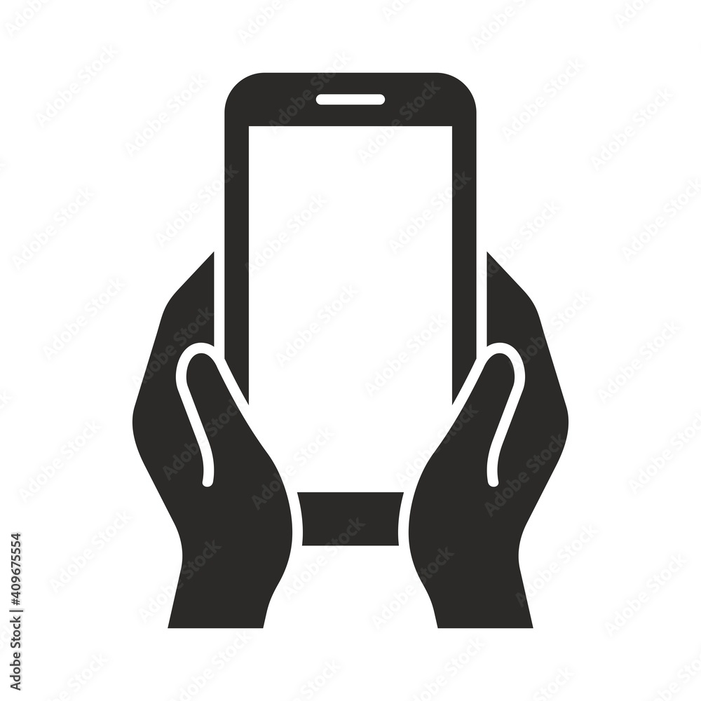 Mobile phone icon. Mobile phone in hands. Hands holding smartphone ...