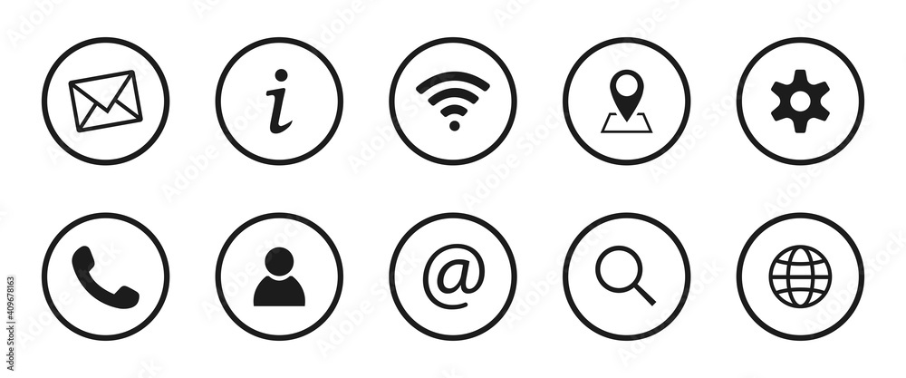 Collection of Business symbols. Contact us signs. Location and contact ...