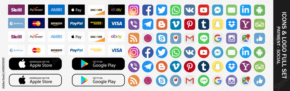 Set of popular social media icons, video, audio internet services icons ...