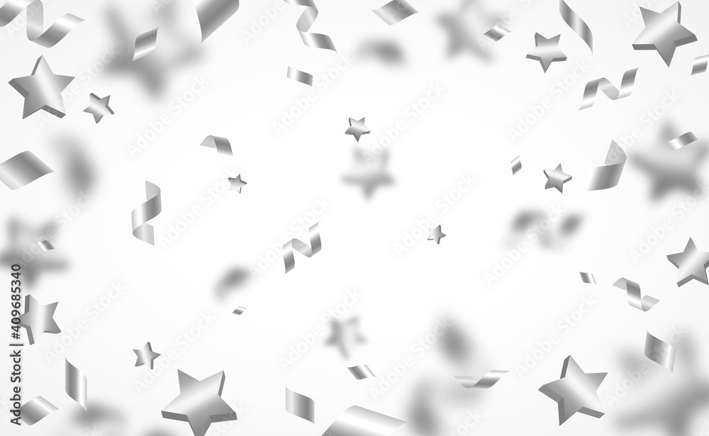 Falling Shiny Silver Confetti Stars And Pieces Of Serpentine Isolated