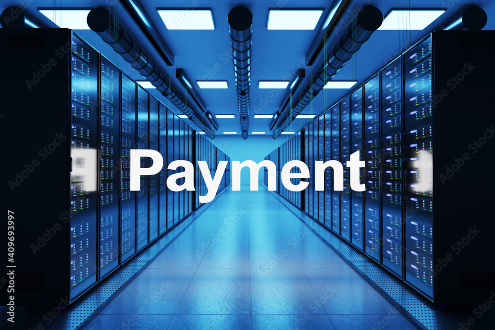 payment logo in large modern data center with multiple rows of network ...