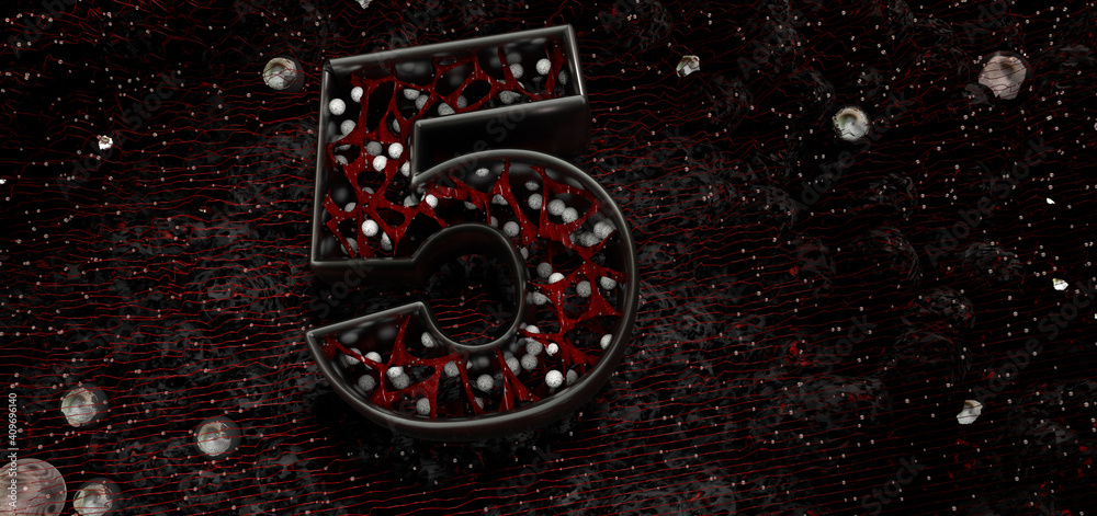 Number 5 in thick letters with an organic red structure inside on a ...