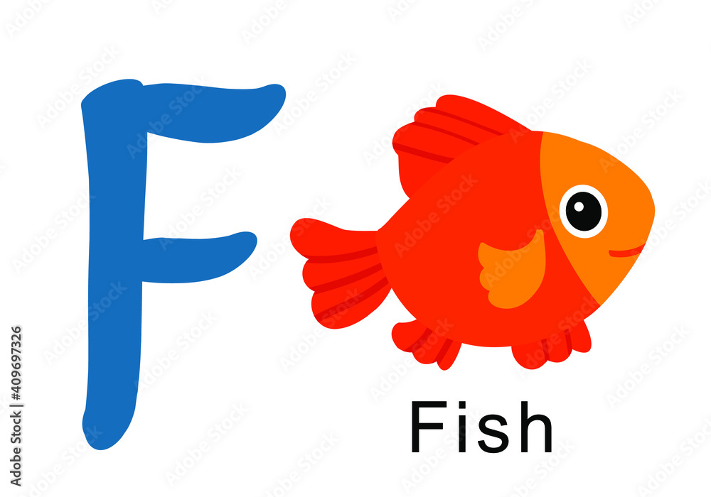 Sixth letter of English alphabet, F, for fish. Vector illustration ...