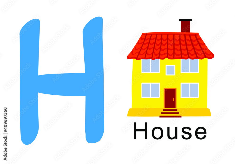 English letter H and hand drawn house with red roof and chimney Stock ...