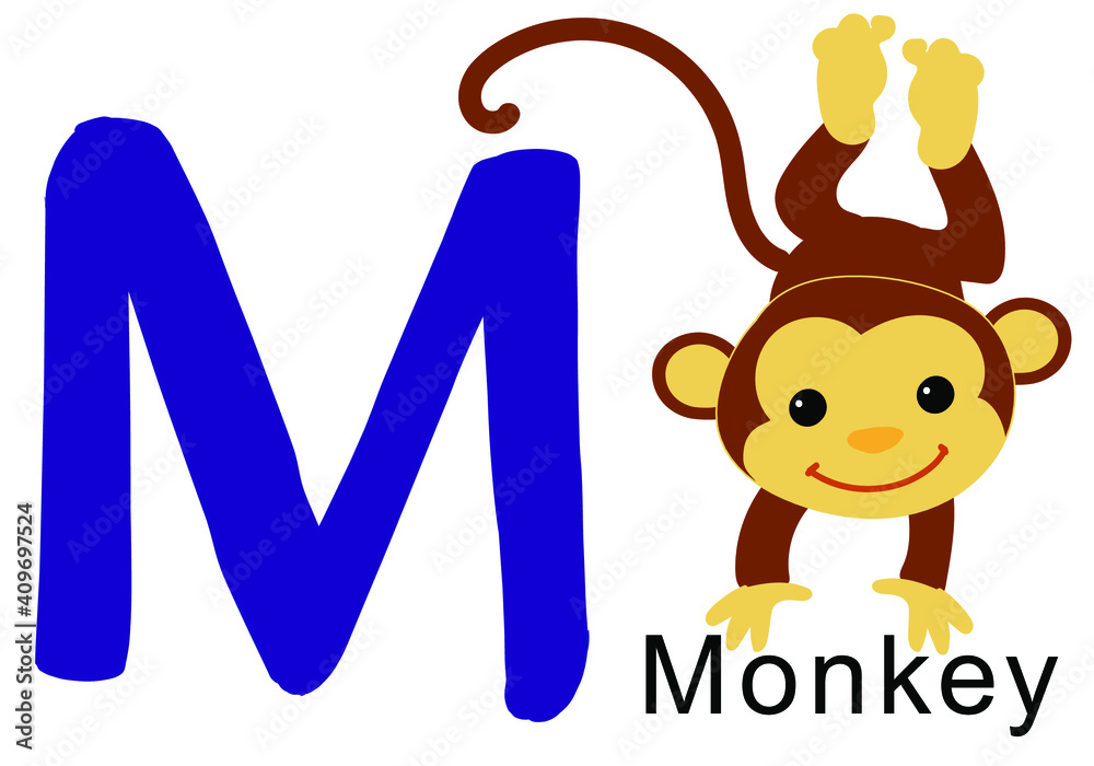 Letter M for monkey vector. Digitally hand drawn monkey. Large font for ...