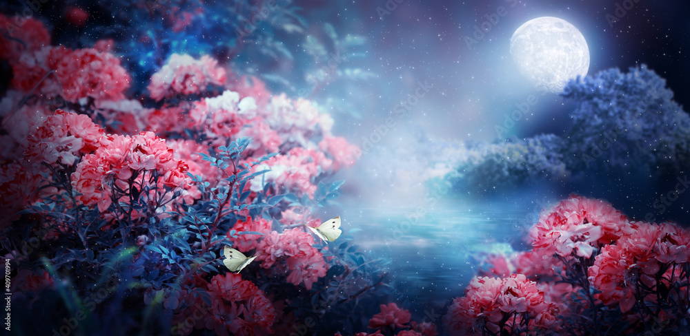 Fantasy magical enchanted fairy tale landscape with forest lake, fabulous fairytale blooming ...