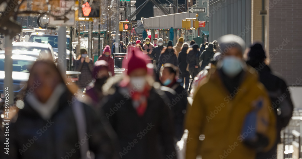Crowd of people walking street wearing masks Stock Photo | Adobe Stock
