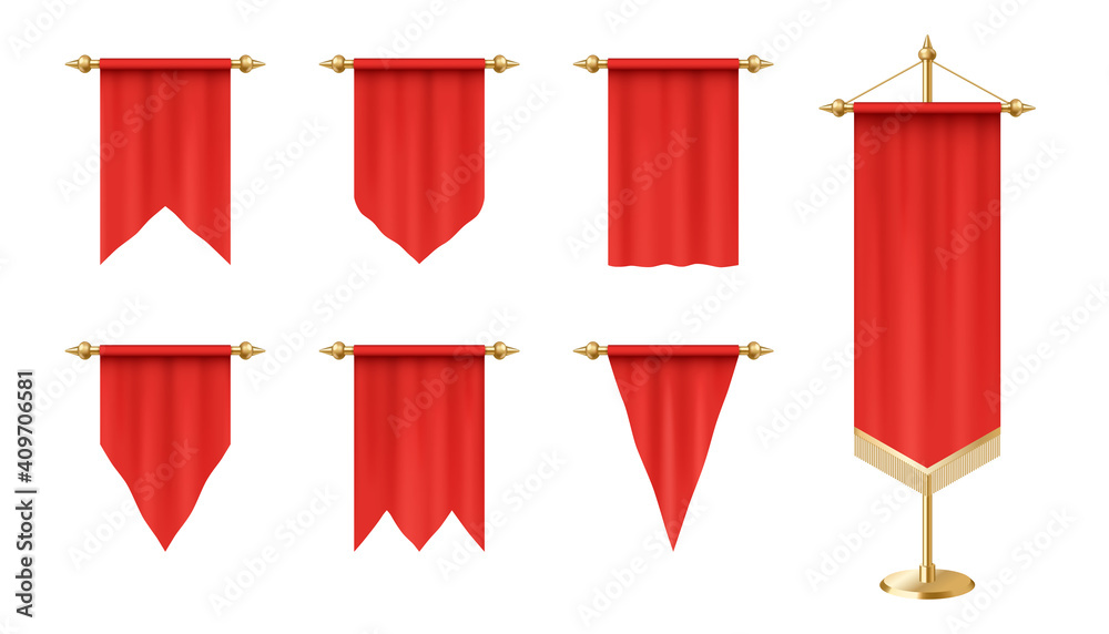 Realistic red pennants set, flags mockup isolated on white background ...