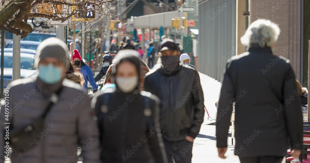 Crowd of people walking street wearing masks Stock Photo | Adobe Stock