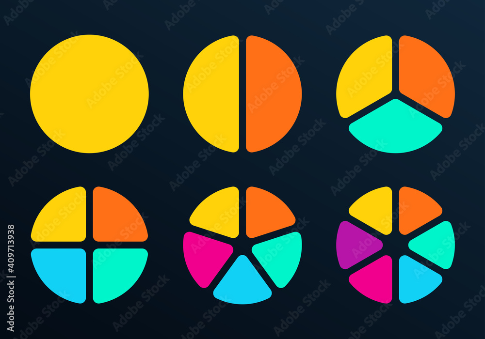 Pie chart set with 1,2,3,4,5,6 sections or steps. Circular chart, graph ...