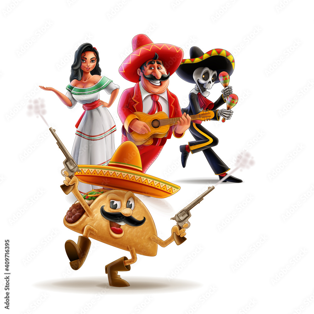 cartoon characters mexican skeleton musician taco and woman Stock ...