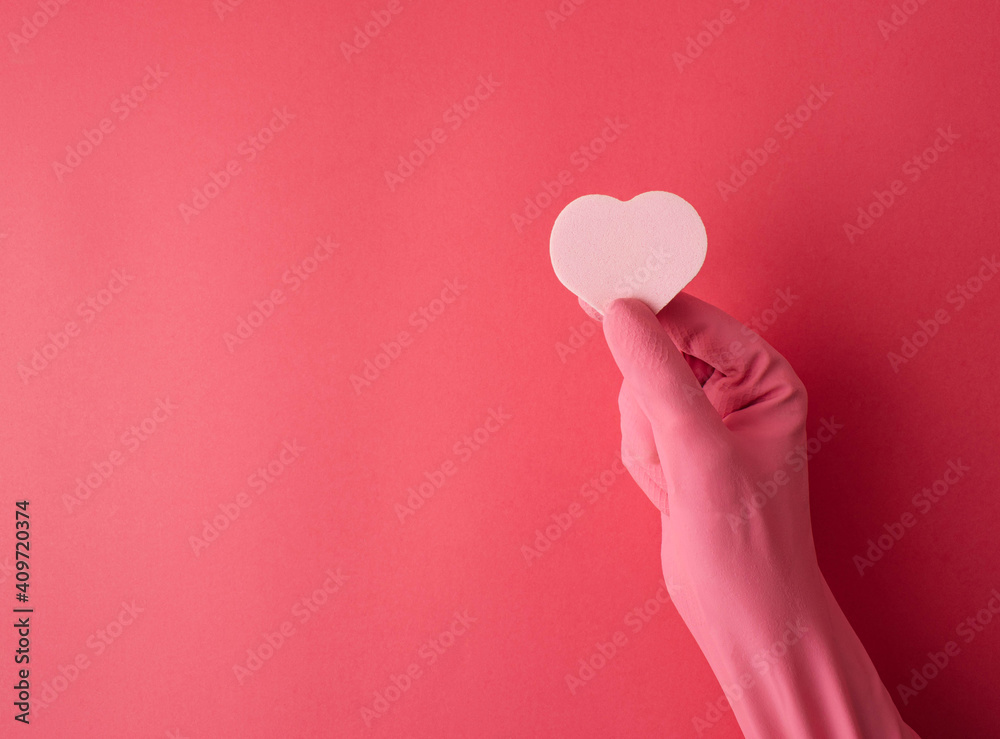 Cute photo of pink heart in hand, on pink background Stock Photo ...
