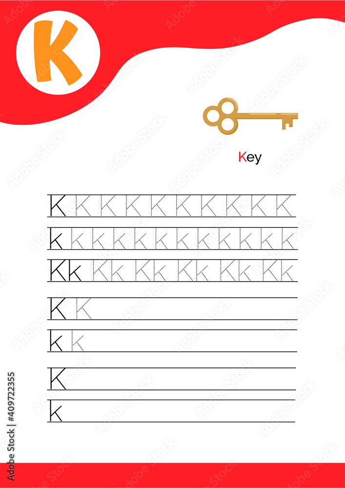 Letter K with a picture of key and seven lines of letter K writing ...