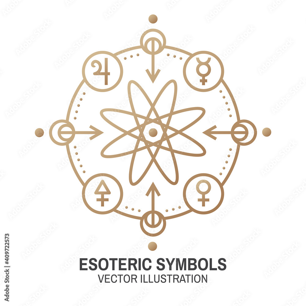Esoteric symbols. Vector. Thin line geometric badge. Outline icon for ...
