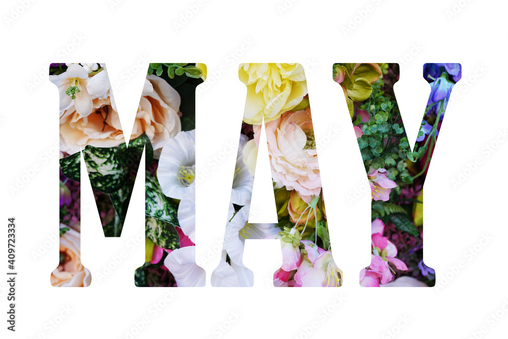 May floral lettering. Stylish text from pink flowers, isolated on white ...