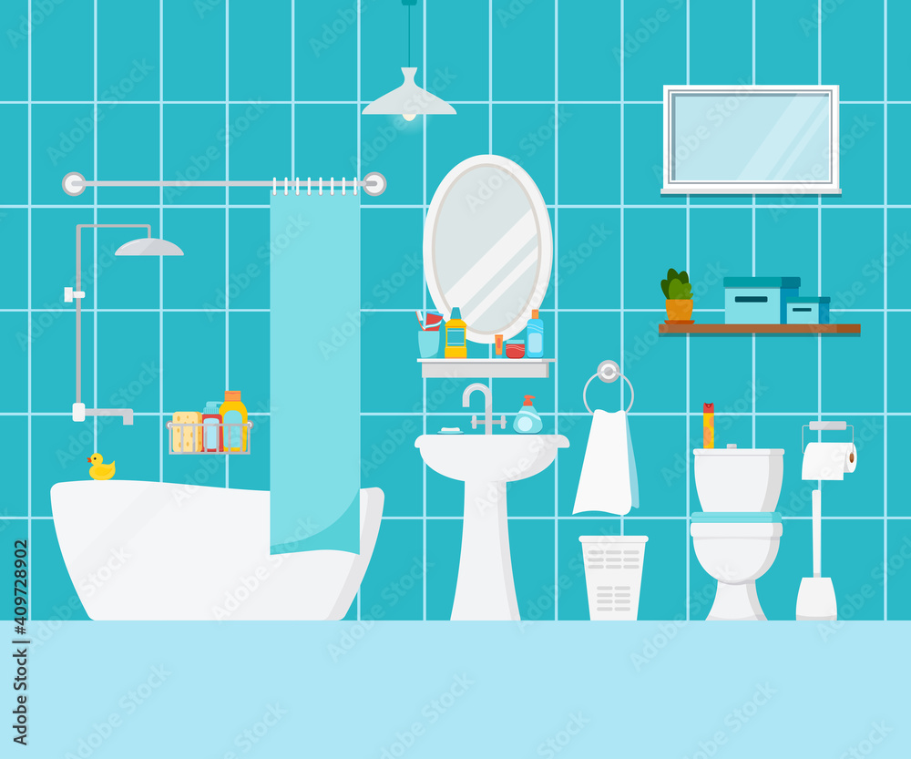 Bathroom with toilet interior scene. House room with bathroom furniture ...
