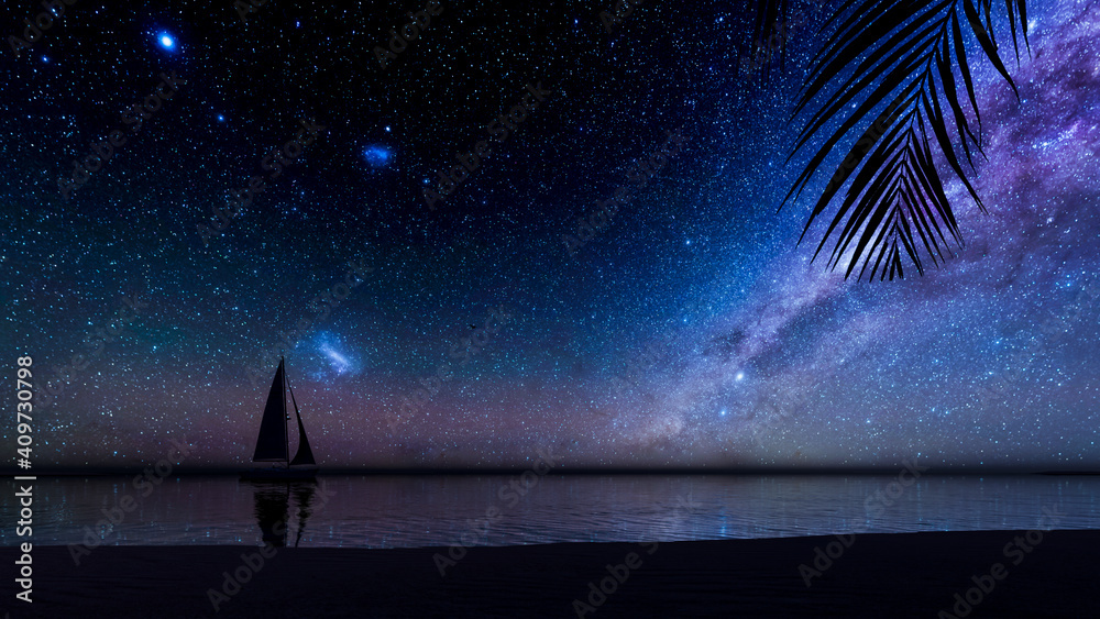 boat on the beach at Landscape with Milky way galaxy. Night sky with ...