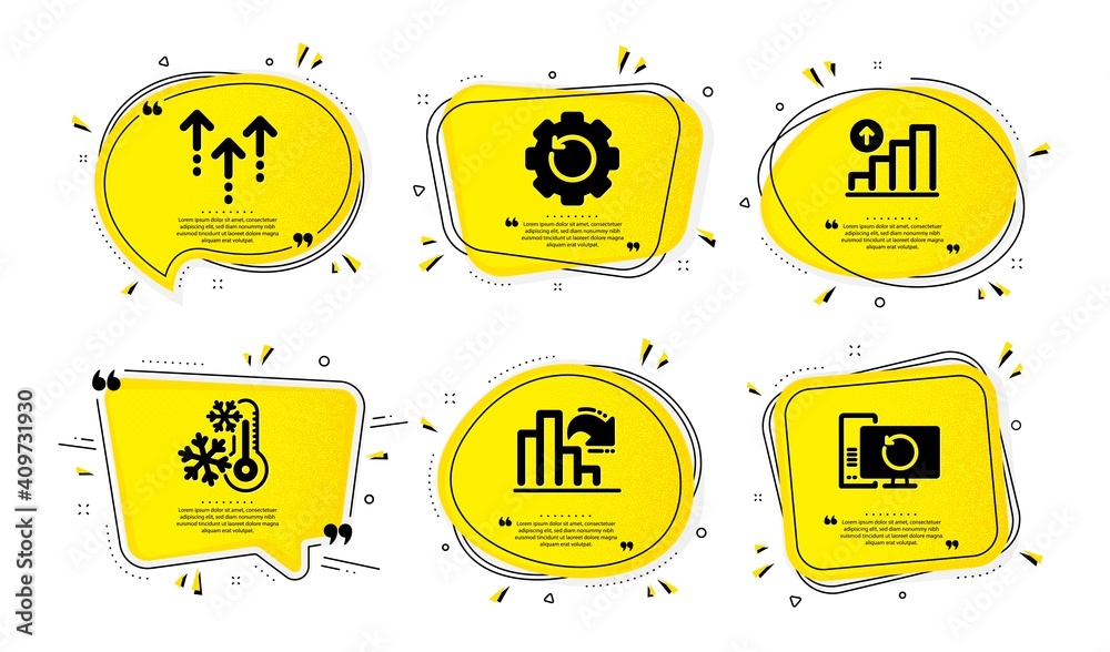 Freezing, Decreasing graph and Recovery gear icons simple set. Yellow ...