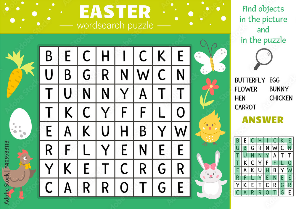 Vector Easter wordsearch puzzle for kids. Simple spring crossword with ...