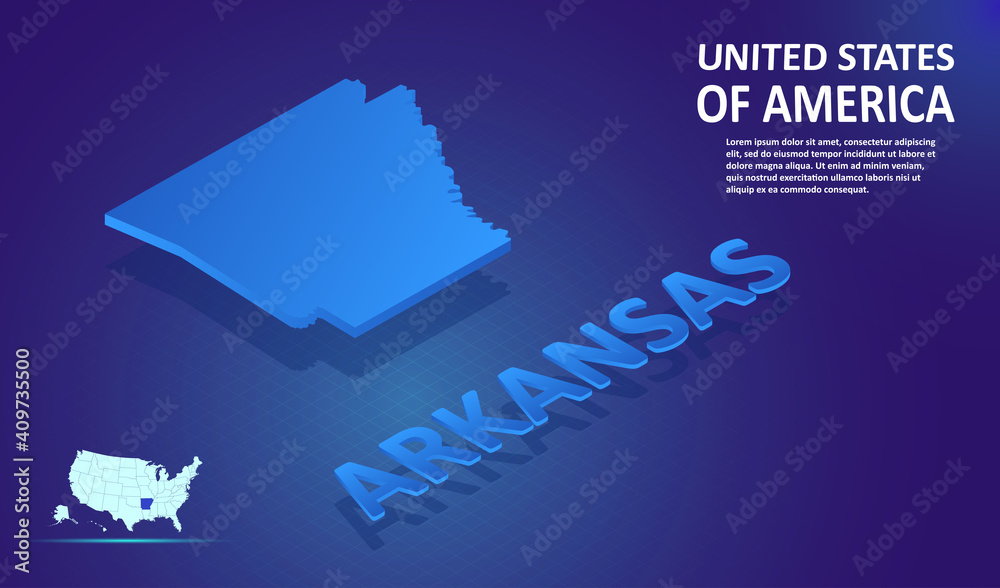 Isometric Arkansas State map on blue and glowing background. 3D ...