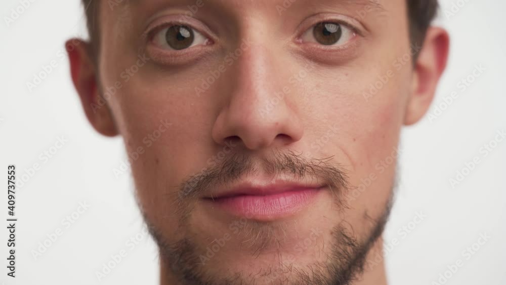 Young Caucasian brunette man with brown eyes, dark mustache, beard ...