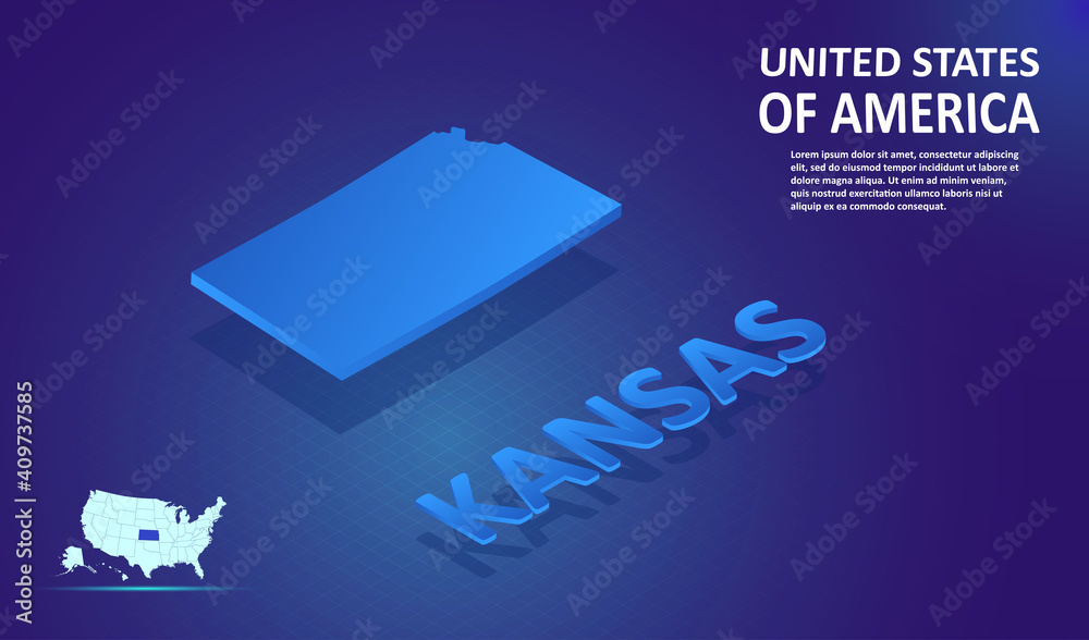 Isometric Kansas State map on blue and glowing background. 3D Detailed ...